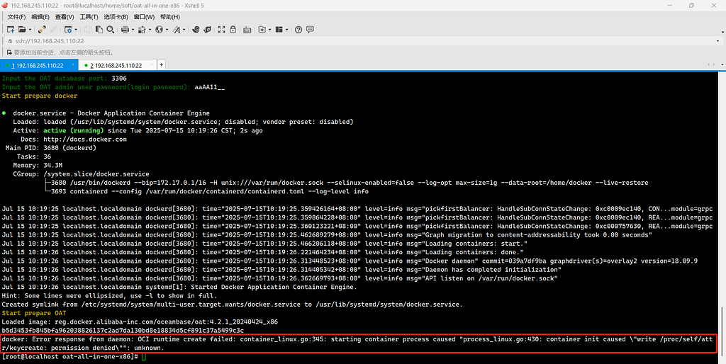 linux 装oat ，报错：docker: Error response from daemon: OCI runtime create failed: container_linux.go ...