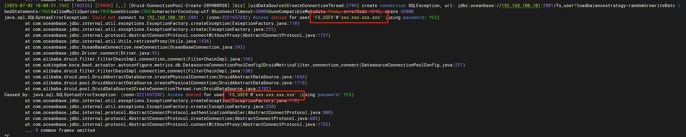 java程序连接不上OceanBase,报错Access denied for user 'FS_USER'@'xxx.xxx.xxx.xxx' (using password: YES ...