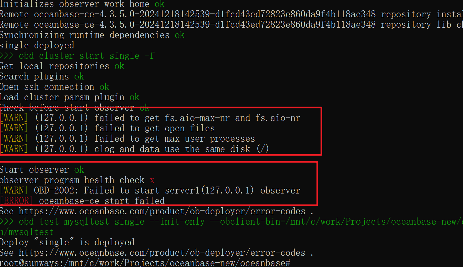 4.X版本：OBD-2002: Failed to start server1(127.0.0.1) observer - #27，来自 sunways - OceanBase 技术问题 ...