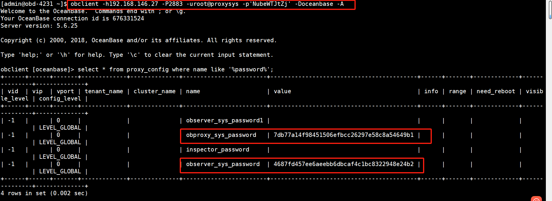 [WARN] OBD-4521: The config observer_sys_password in obproxy-ce did not ...